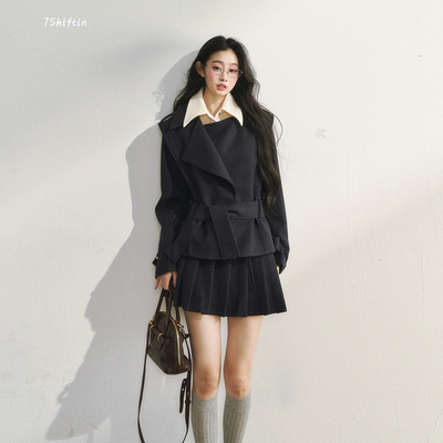 7Shiftin 原创设计学院风穿搭假两件夹棉西装棉服短裙子两件套女