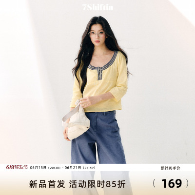 7Shiftin 原创设计学院风七分袖上衣可调节抽绳衬衫百搭简约T恤女