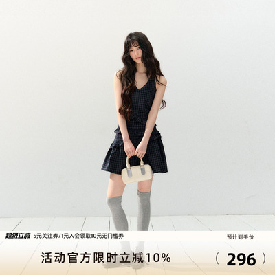 7Shiftin 原创设计春夏新款辣妹收腰无袖格纹连衣裙藏蓝百褶裙女
