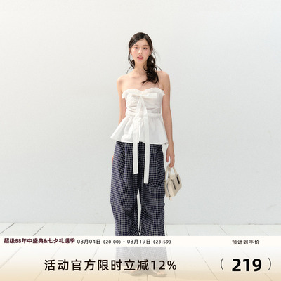7Shiftin原创设计春夏新款慵懒休闲蓝色直筒格纹裤宽松垂感阔腿裤