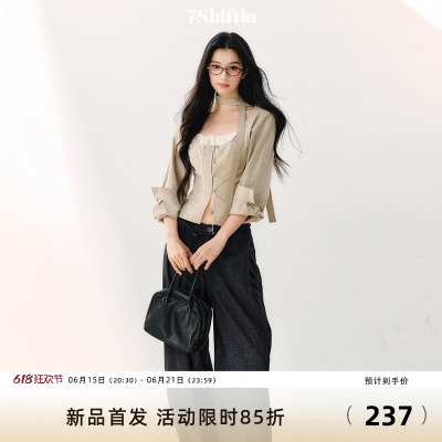 7Shiftin 原创设计挂脖飘带衬衫休闲假两件拼接上衣纯欲简约长袖