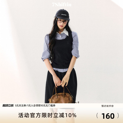 7Shiftin 原创设计复古学院风套装翻领格纹清爽上衣简约百搭裙女