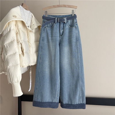 韩国订单秋冬新款复古高腰直筒阔腿牛仔裤女拼接羊羔毛九分休闲裤