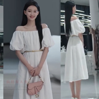风过留痕孙怡丹青明星同款白色一字肩泡泡袖连衣裙中长款2026新款
