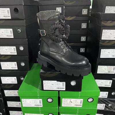 美国设计师买手高奢品牌R牛皮厚底可拆卸花朵时尚短靴4084黑色