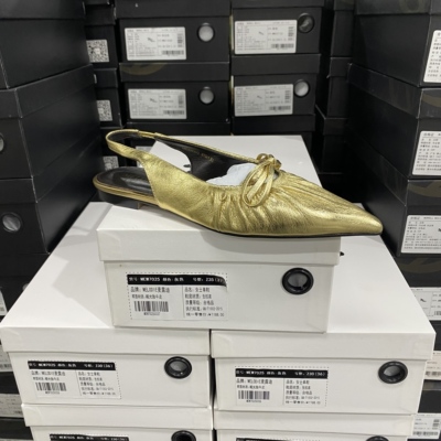 实体专柜意大利设计师轻奢品牌牛皮褶皱浅口后空单鞋6303金色