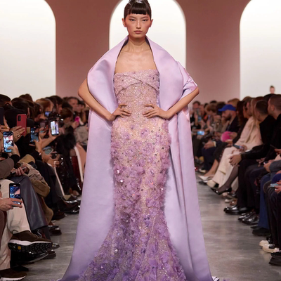 Elie Saab 紫色渐变钉珠手工小花朵修身鱼尾红毯婚礼生日晚礼服