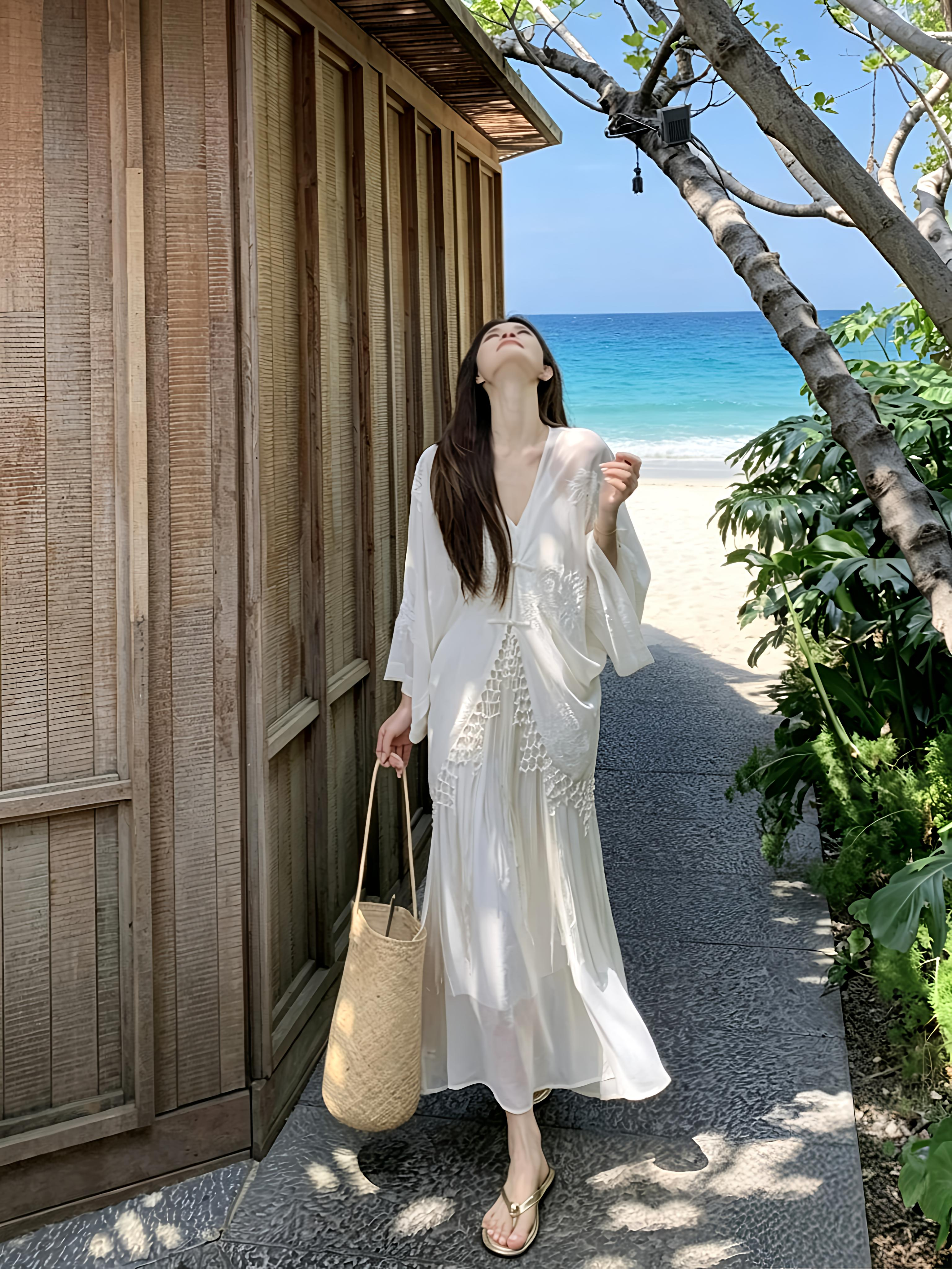 新中式棉混纺套装女 夏季清冷感刺绣流苏防晒连衣裙两件套