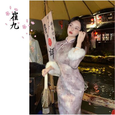 EACH崔九秋冬加绒气质旗袍