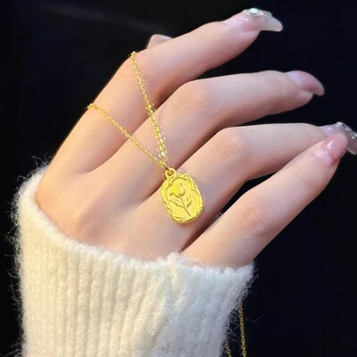 郁金香黄金项链女999足金吊坠高纯沙金轻奢小众情人节礼物送女友