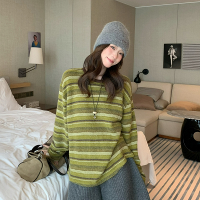 SUSAN-胶片滤镜感韩系做旧撞色条纹磨毛百搭通勤长袖T恤6981s