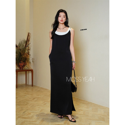 Moss烨 现货〓设计师〓三醋酸 侧开叉吊带裙白背心两件套连衣裙