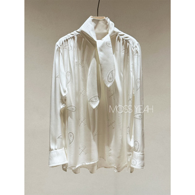 Moss烨〓设计师〓暗纹提花桑蚕丝 复古宫廷风白色系带领真丝衬衫