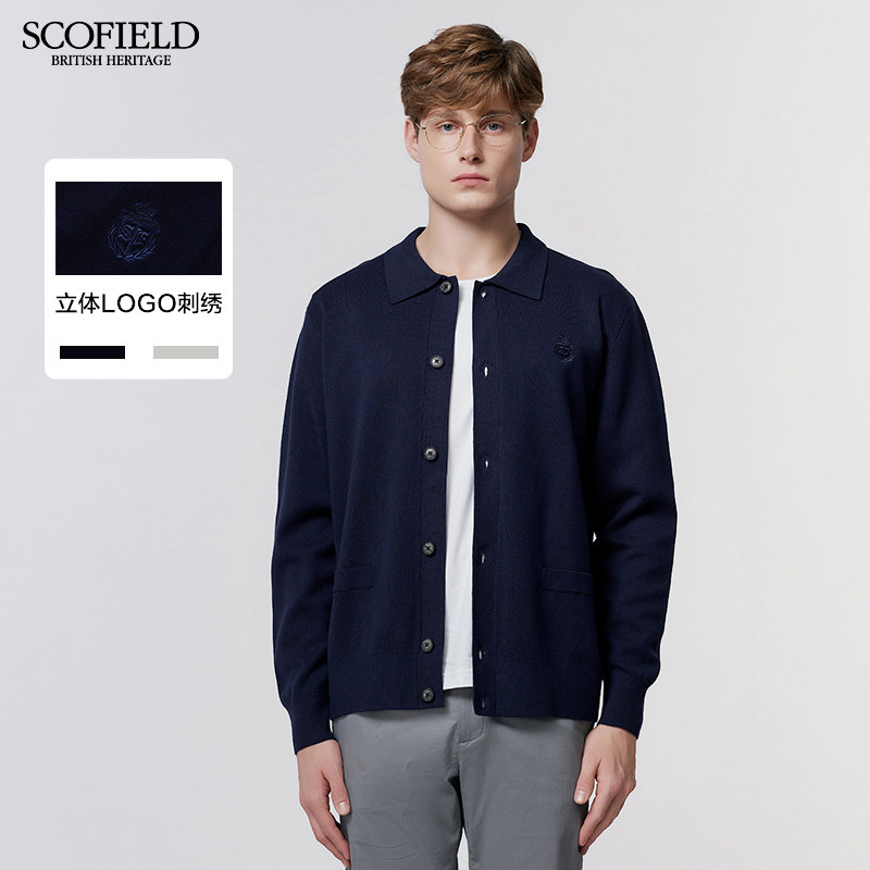 SCOFIELD针织衫男春秋23新款休闲外套定制纽扣刺绣LOGO翻领开衫_虎窝淘