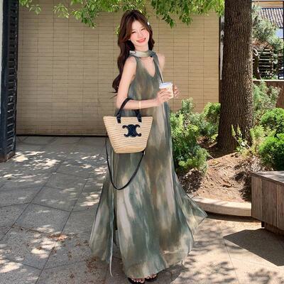 度假风纱扎染领无新袖挂脖连衣裙女C122-26款夏气质清冷飘带薄长