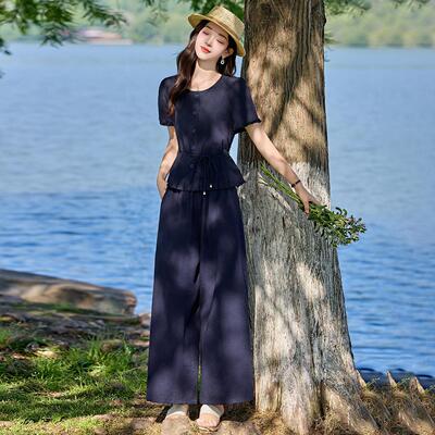 时尚装气质套夏季年新套装MC31款气质圆筒领衬衫直裤两件套女裤