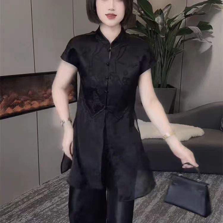 新中式洋气套装女2026年夏季新款立领短袖开叉网纱拼接小衫+裤子