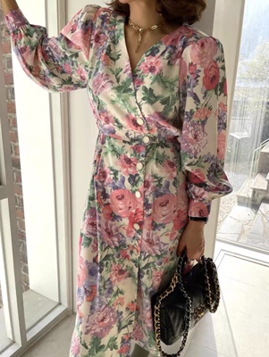 现货韩国进口2021秋冬新款tara by motion时尚印花系扣长袖连衣裙