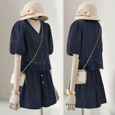 4U4U 深蓝色蕾丝拼接V领牛仔套装女甜酷漂亮小个子夏季穿搭一整套