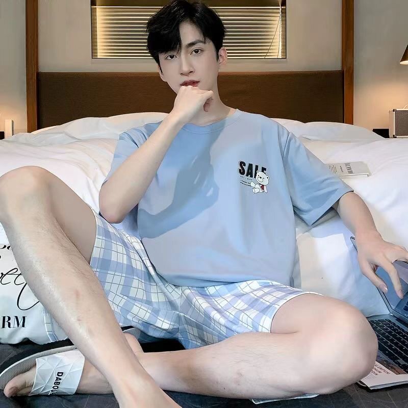 100%纯棉睡衣男士夏季短袖学生可外穿休闲宽松薄款全棉家居服套装