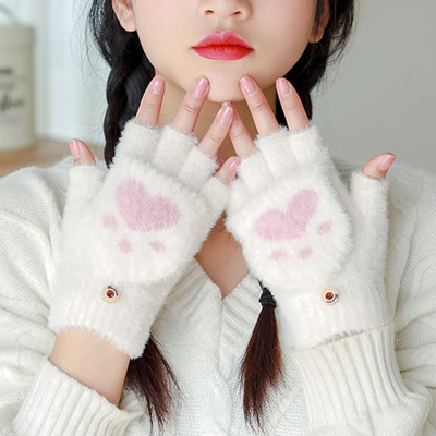 新款保暖手套翻盖半指可爱毛绒手套冬季漏指学生写字防寒针织手套