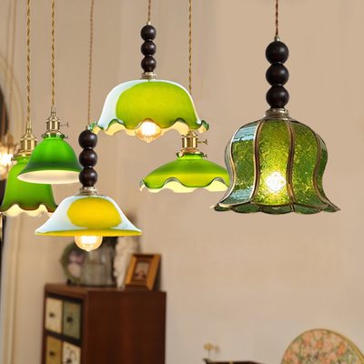 法式中古风床头吊灯美式复古餐厅卧室灯玄关高级感绿色玻璃小吊灯