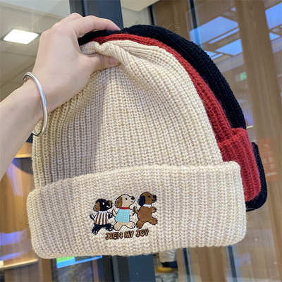 日系可爱小狗刺绣毛线针织帽男女