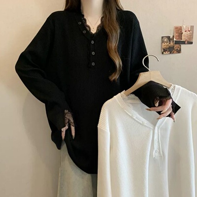 胖MM韩系洋气减龄蕾丝花边T恤