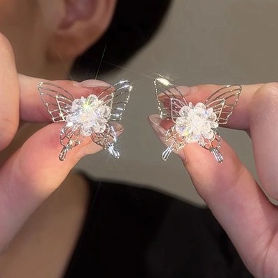 s925银针镂空蝴蝶锆石水晶耳钉