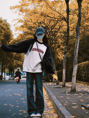 美式复古插肩卫衣女秋冬oversize