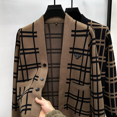 格子提花毛衣开衫外套男春秋