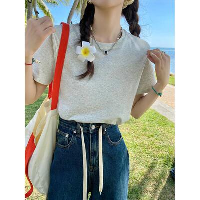 圆领短袖女t恤夏宽松2025新款灰色半袖体恤显瘦薄款正肩打底上衣