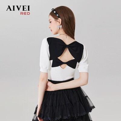 AIVEI欣贺艾薇夏季新品蝴蝶结露背短袖针织衫上衣Q036S002-1480