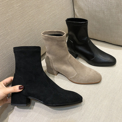 新款方头单靴加绒中跟粗跟袜子靴