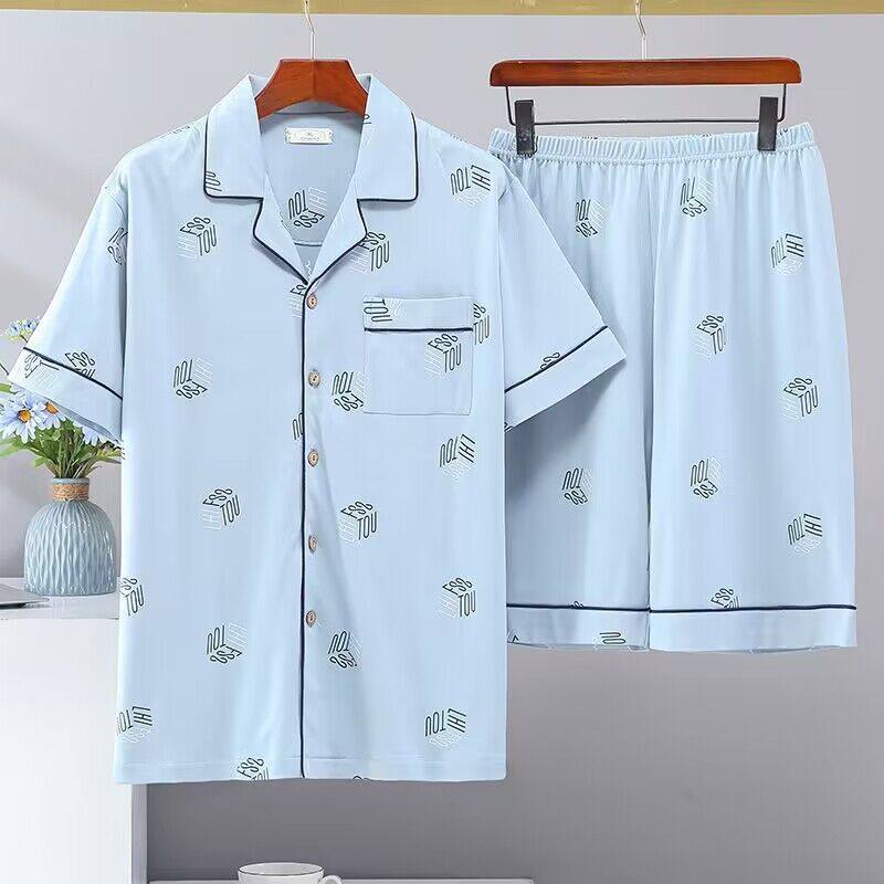 夏季100%纯棉睡衣男短袖宽松夏天男士家居服套装夏款可外穿