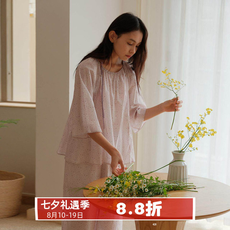 朵朵可可2026春夏超薄纯棉碎花睡衣女圆领七分袖长裤家居服套装