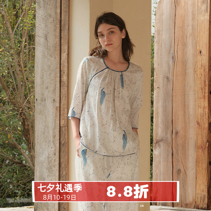 朵朵可可全棉印花睡衣女春夏复古风圆领七分袖新中式家居服套装
