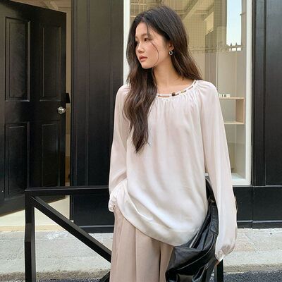 FONE简禾2025春季新款法式淑女风串珠系带宽松长袖女式衬衫29153