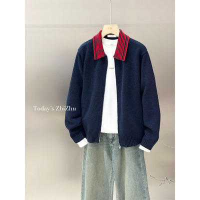 制著男装复古慵懒感撞色领羊毛毛衣外套  M25922