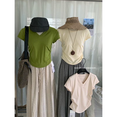奶思家NICE STUDIO-夏季新款抽褶修身短袖T恤（含100棉料）M2222