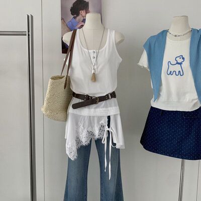 SUSAN 2026夏季新款设计感叠穿蕾丝拼接不规则无袖背心上衣3089S