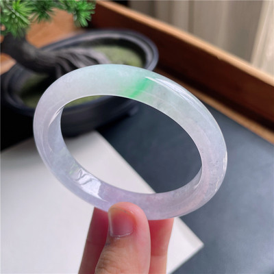 9月新品 鸿玉翡翠52圈口冰种紫底飘绿贵妃玉手镯女款正品4Q70912
