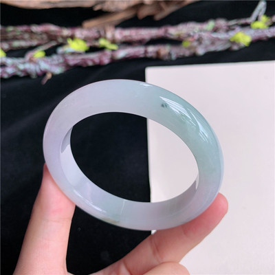 5月新品 鸿玉翡翠54圈口冰糯种春带彩正圈玉手镯女款正品8Q70514