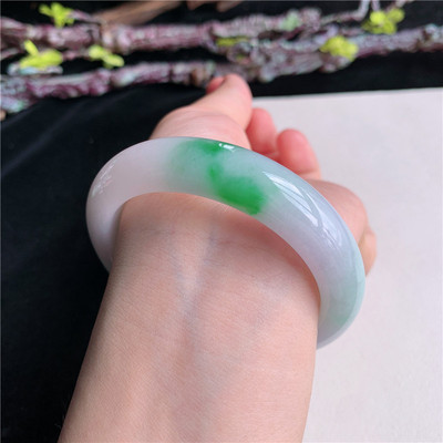6月新品鸿玉翡翠54圈口冰糯种紫底飘阳绿正圈玉手镯女款104B90624