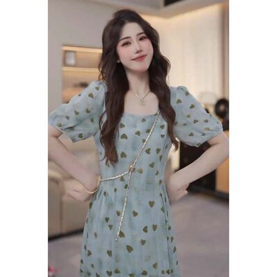 送发圈2026夏季新款方领中长款时尚设计感高腰短袖连衣裙D2942