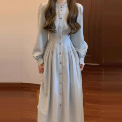 蓝色长袖衬衫连衣裙子女2025新款韩系穿搭高级感收腰长裙D0407