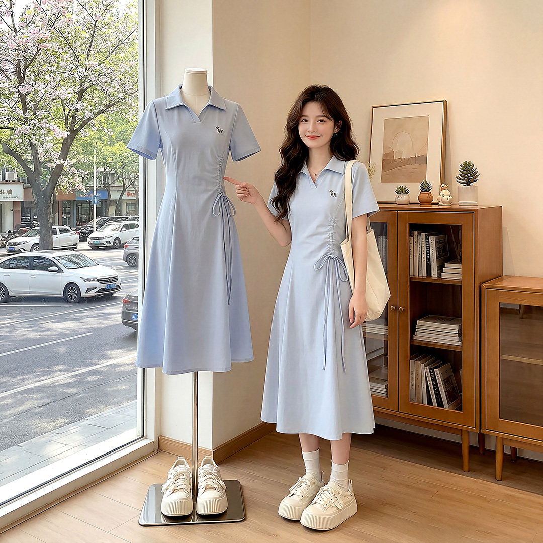 蓝色翻领抽绳短袖洋装女2026夏季大尺码胖mm收腰遮胯减龄A字裙子