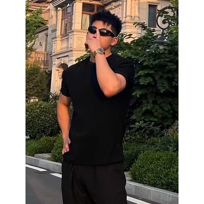 重磅男士内搭打底纯色短袖运动健身速干半高领圆领索罗娜凉感t恤