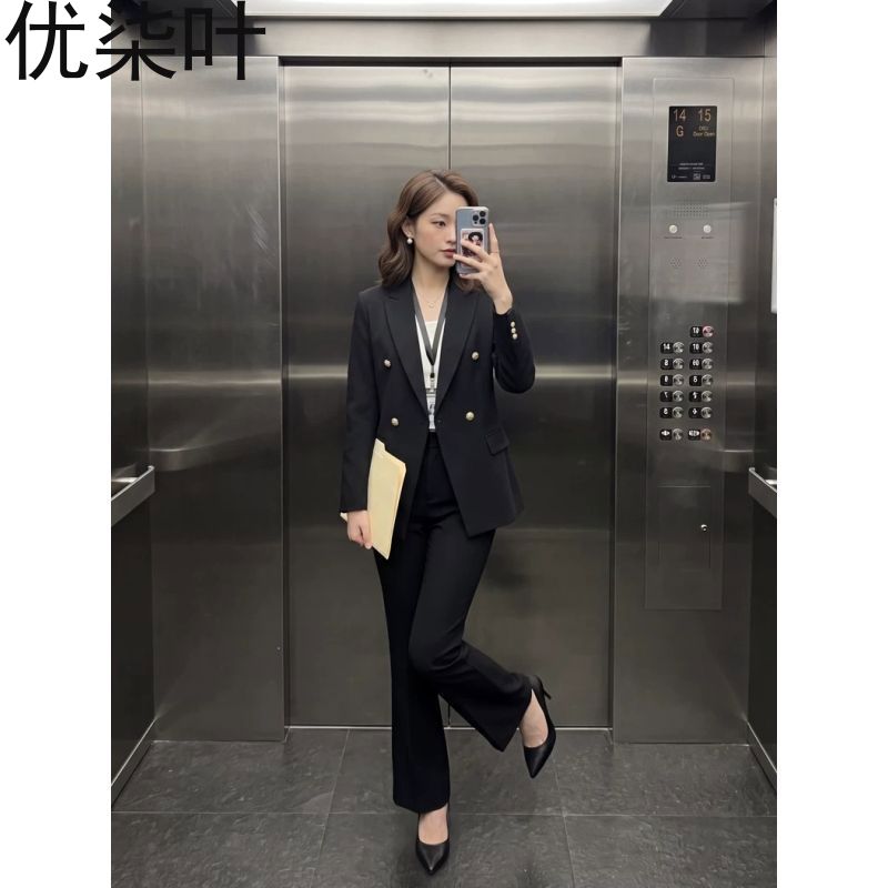 高级感双排扣西服套装女喇叭裤免烫垂感写字楼白领上班工装职业装