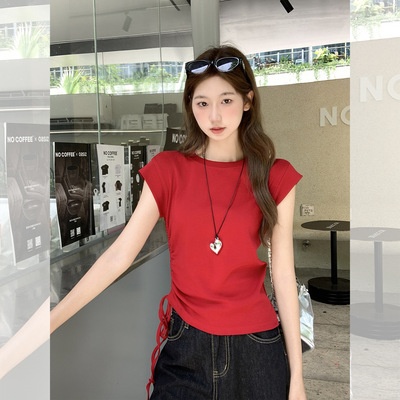 设计感抽绳收腰修身圆领短袖t恤